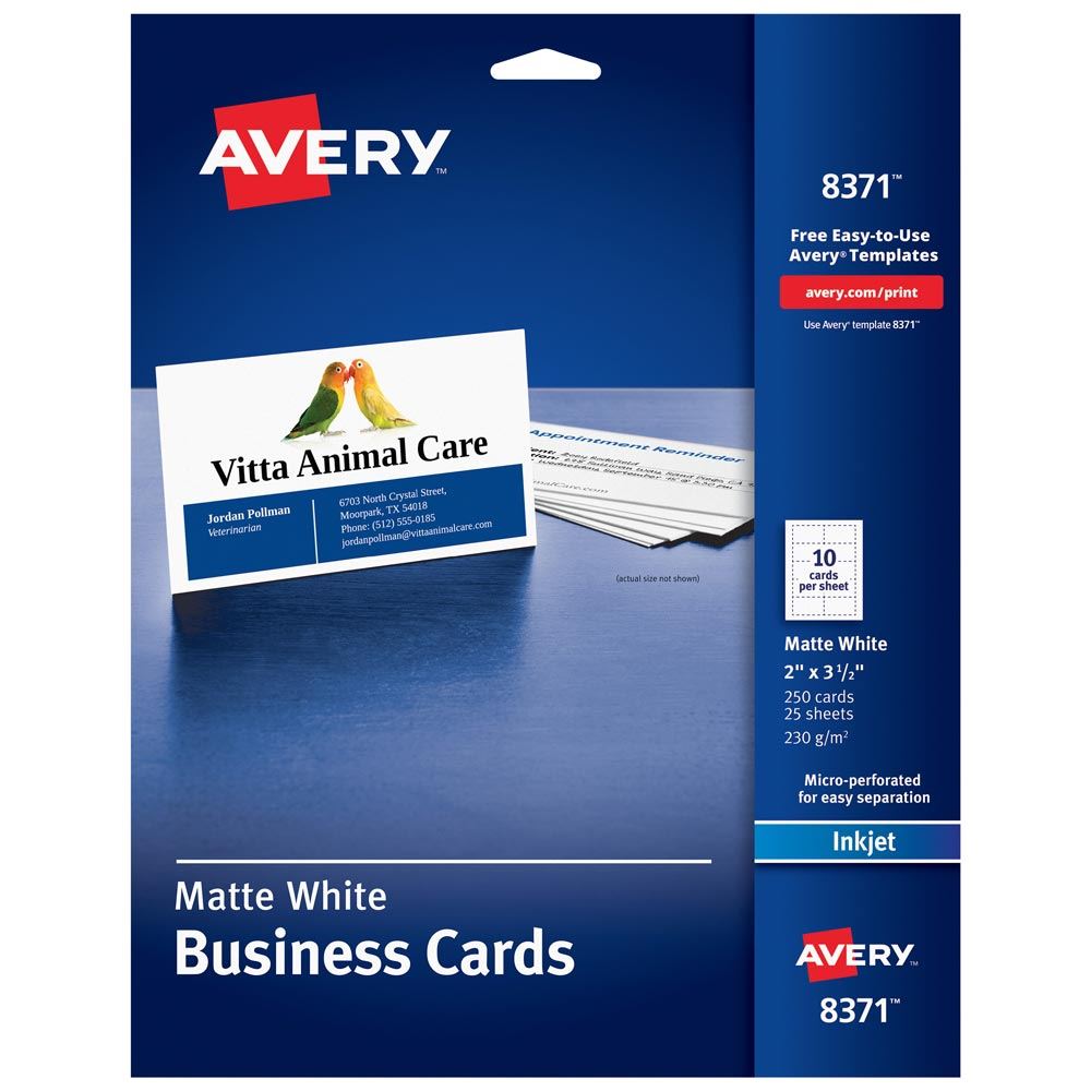 Avery 8371 Business Cards; Sure Feed Technology; 2" x 3 1/2"; Inkjet ...