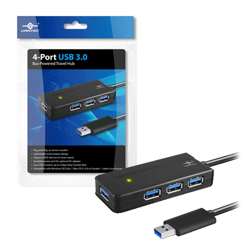Vantec 4-Port USB 3.1 Gen 1 (Type-A) Bus-Powered Travel Hub - Micro Center