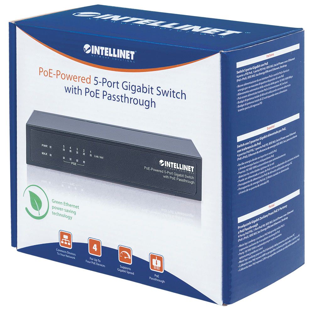 Intellinet 5-Port PoE-Powered Gigabit Switch with PoE Passthrough ...