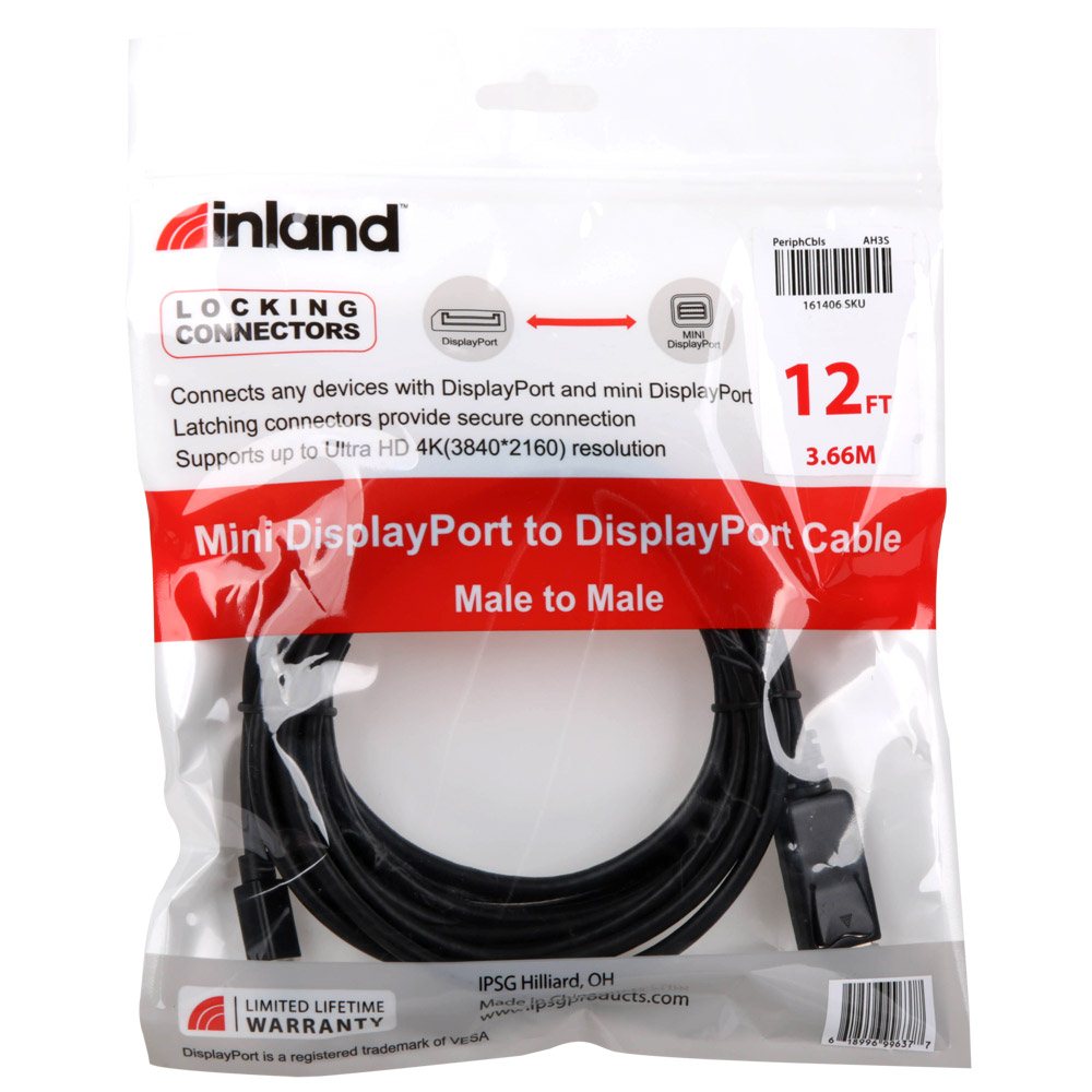 Inland Mini DisplayPort Male to DisplayPort Male Cable 12 ft. - Black ...
