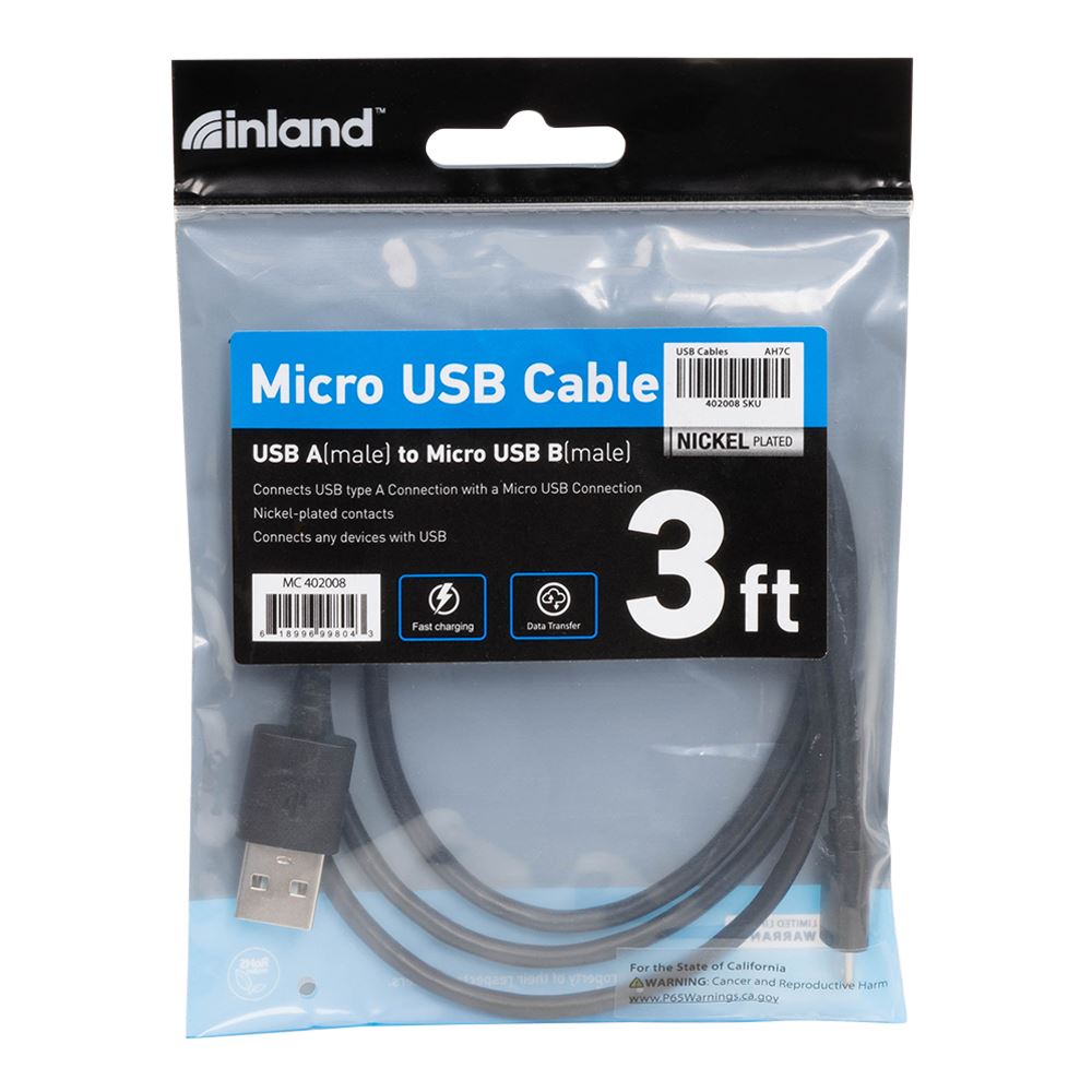 Inland USB 2.0 (Type-A) to Micro-USB (Type-B) Male Cable 3 ft. - Black ...