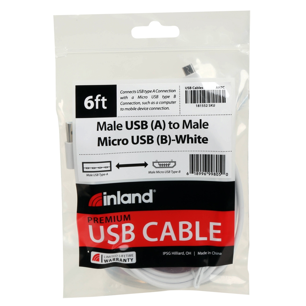 Inland USB 2.0 (Type-A) Male to Micro-USB (Type-B) Male Cable 6 ft ...