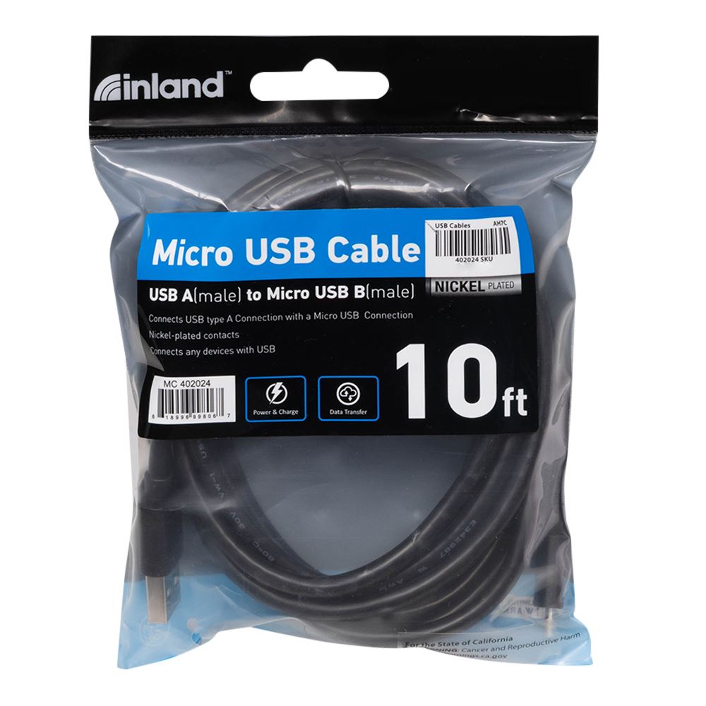 Inland USB (Type-A) Male to Micro-USB (Type-B) Male Cable 10 ft ...