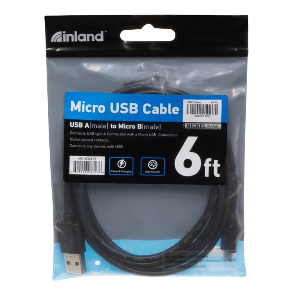 Inland USB 2.0 (Type-A) Male to Micro-USB (Type-B) Male Cable 6 ft ...