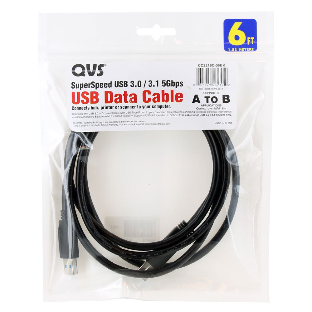 QVS USB 3.1 (Gen 1 Type-A) Male to USB 3.1 (Gen 1 Type-B) Male Cable 6 ...