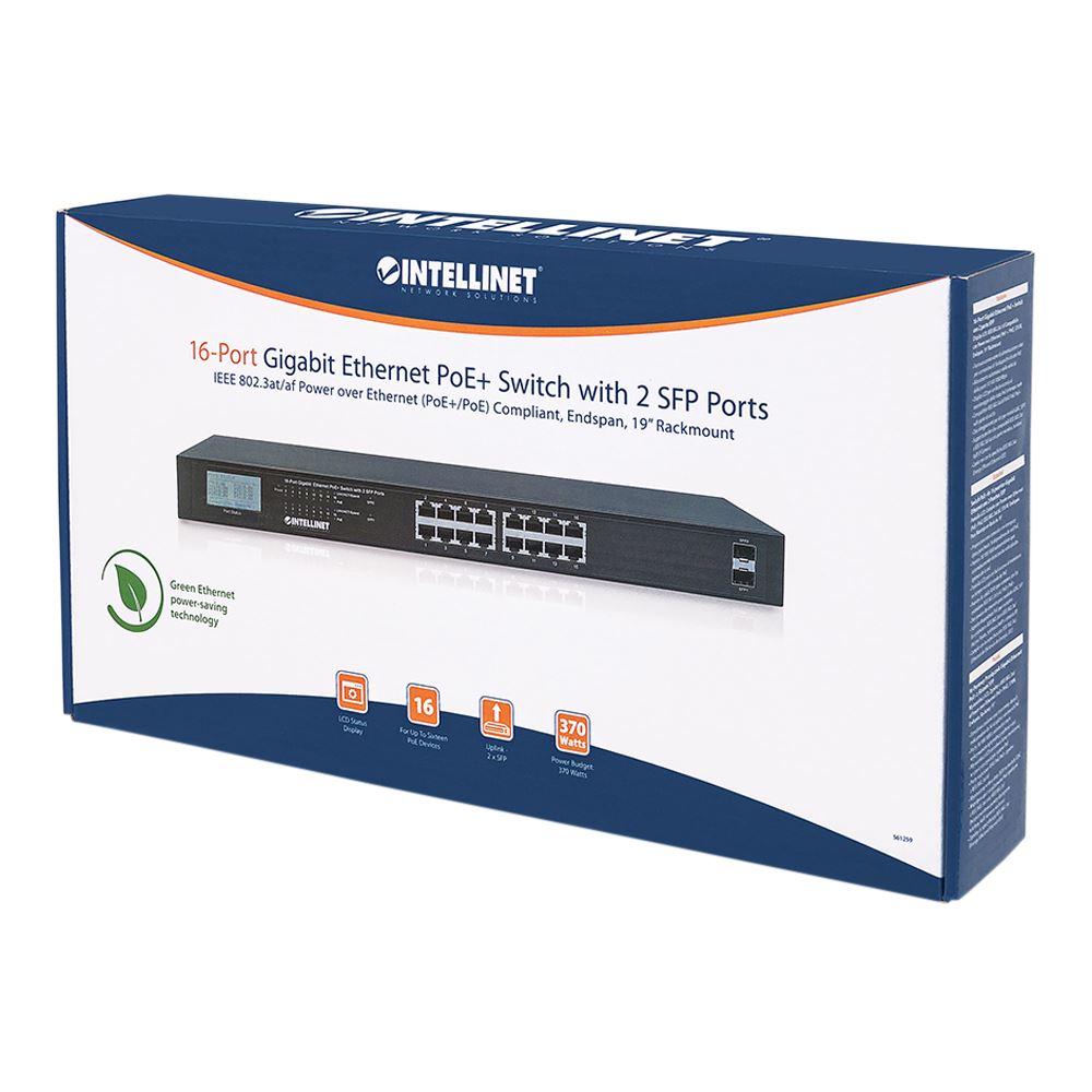 Intellinet 16-Port Gigabit Ethernet PoE+ Switch; 2 SFP Ports and LCD ...