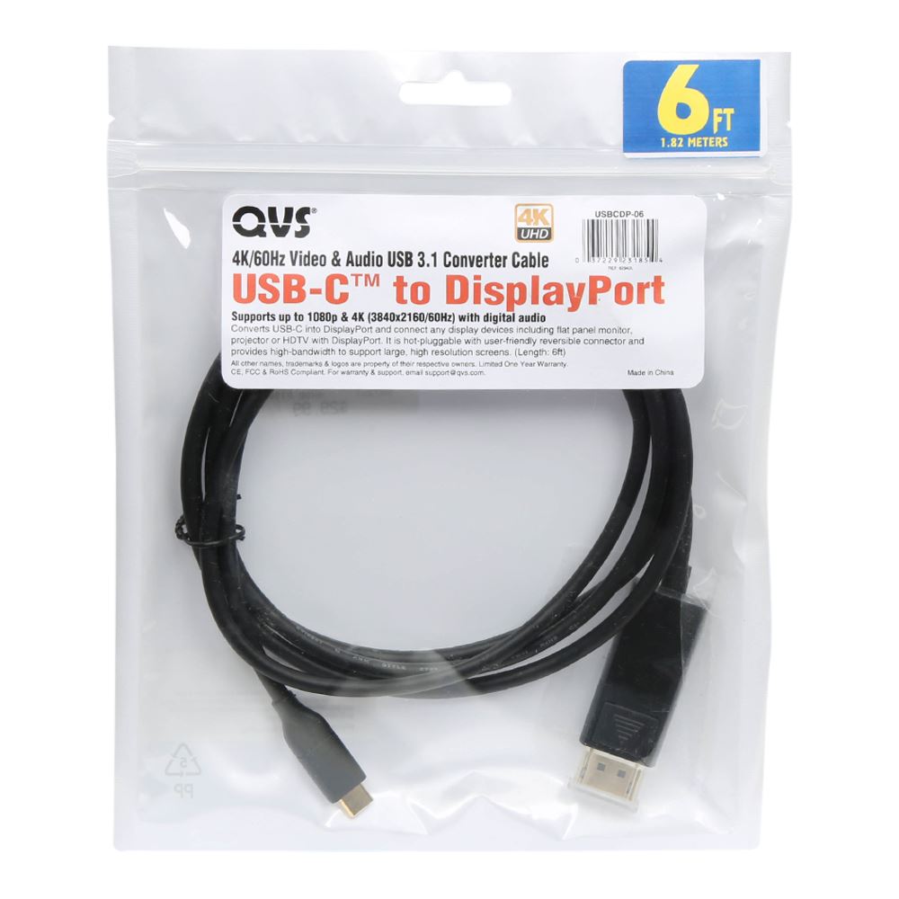 QVS USB-C / Thunderbolt 3 to DisplayPort UltraHD 4K/60Hz Video Converter Cable - 6ft - Micro Center