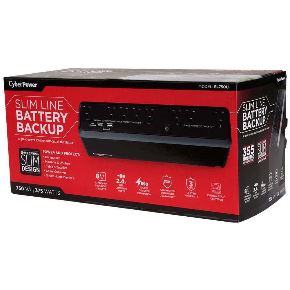CyberPower Systems Slim Tower UPS (SL750U); 750 VA, 350 W, 120 V; 8 ...