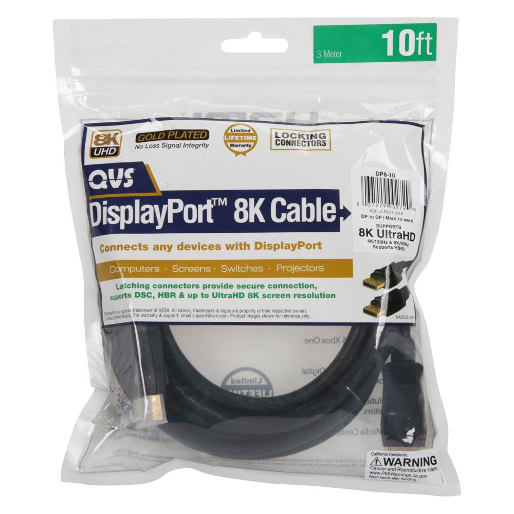 QVS DisplayPort Male to DisplayPort Male 8K UltraHD Video Cable w/ Latches 10 ft. - Black ...