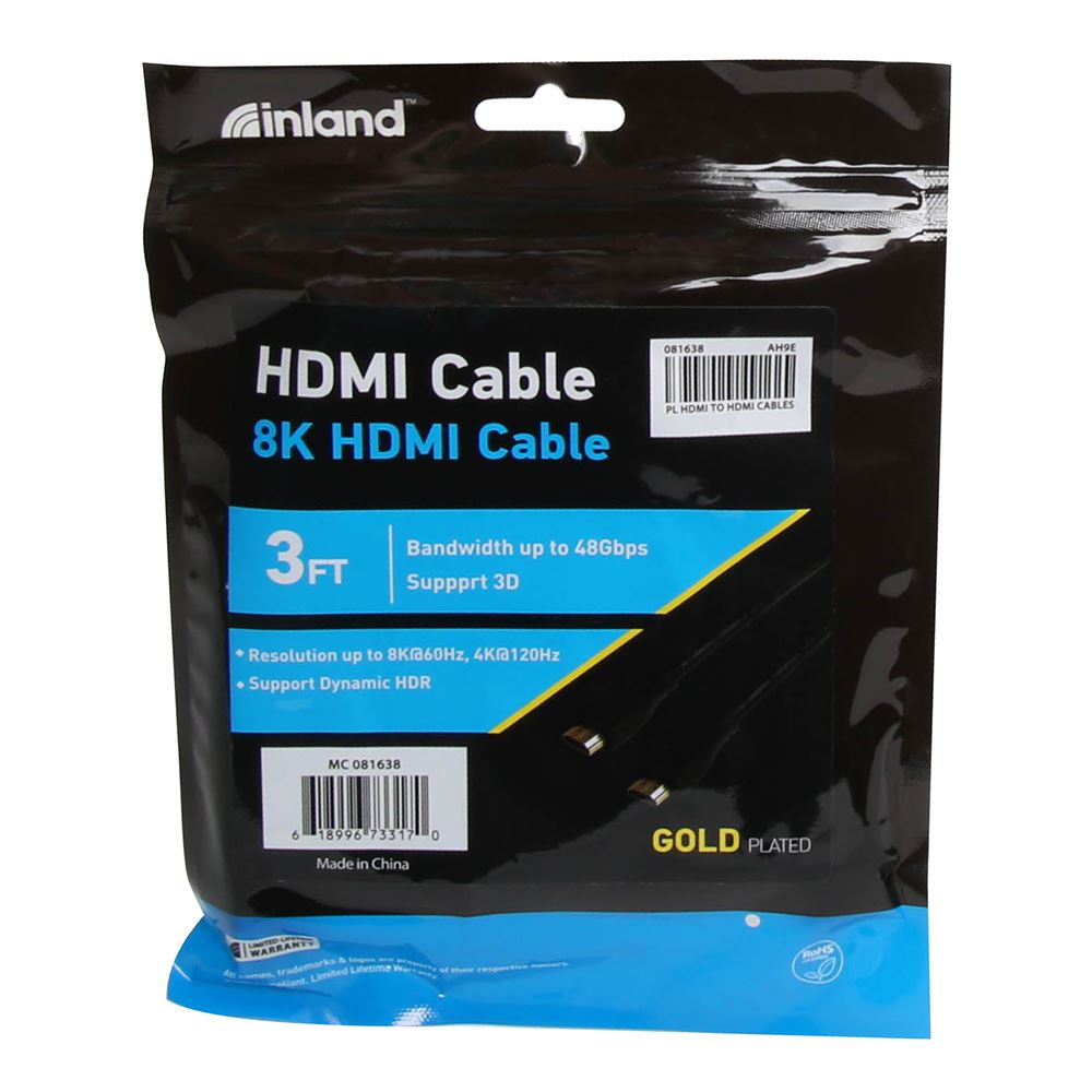 Inland HDMI Male to HDMI Male 8K Video Cable 3 ft. - Black - Micro Center