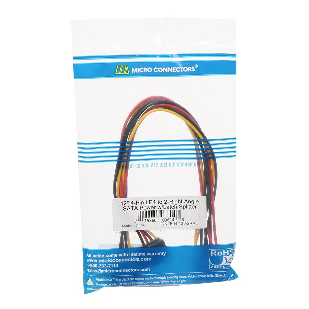 Micro Connectors 4 Pin LP4 power connector (male) to 2x Right-Angle ...