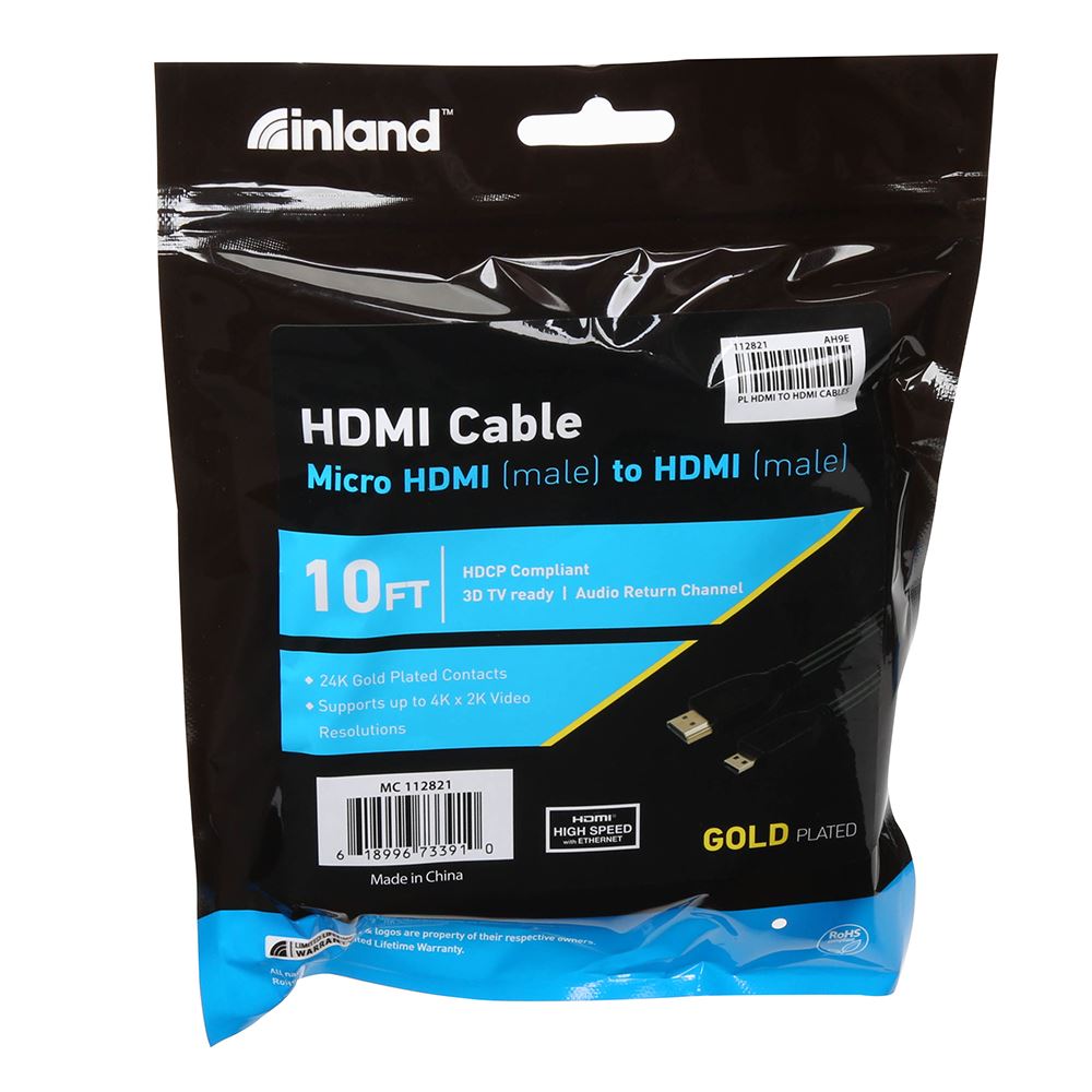 Inland HDMI Male to Micro HDMI Male Video Cable 10 ft. - Black - Micro ...