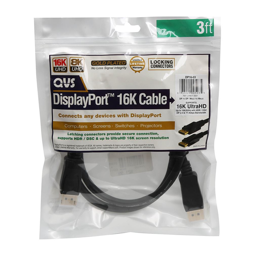 QVS DisplayPort 2.0 UltraHD 16K Cable with Latches 3 ft - Black - Micro Center