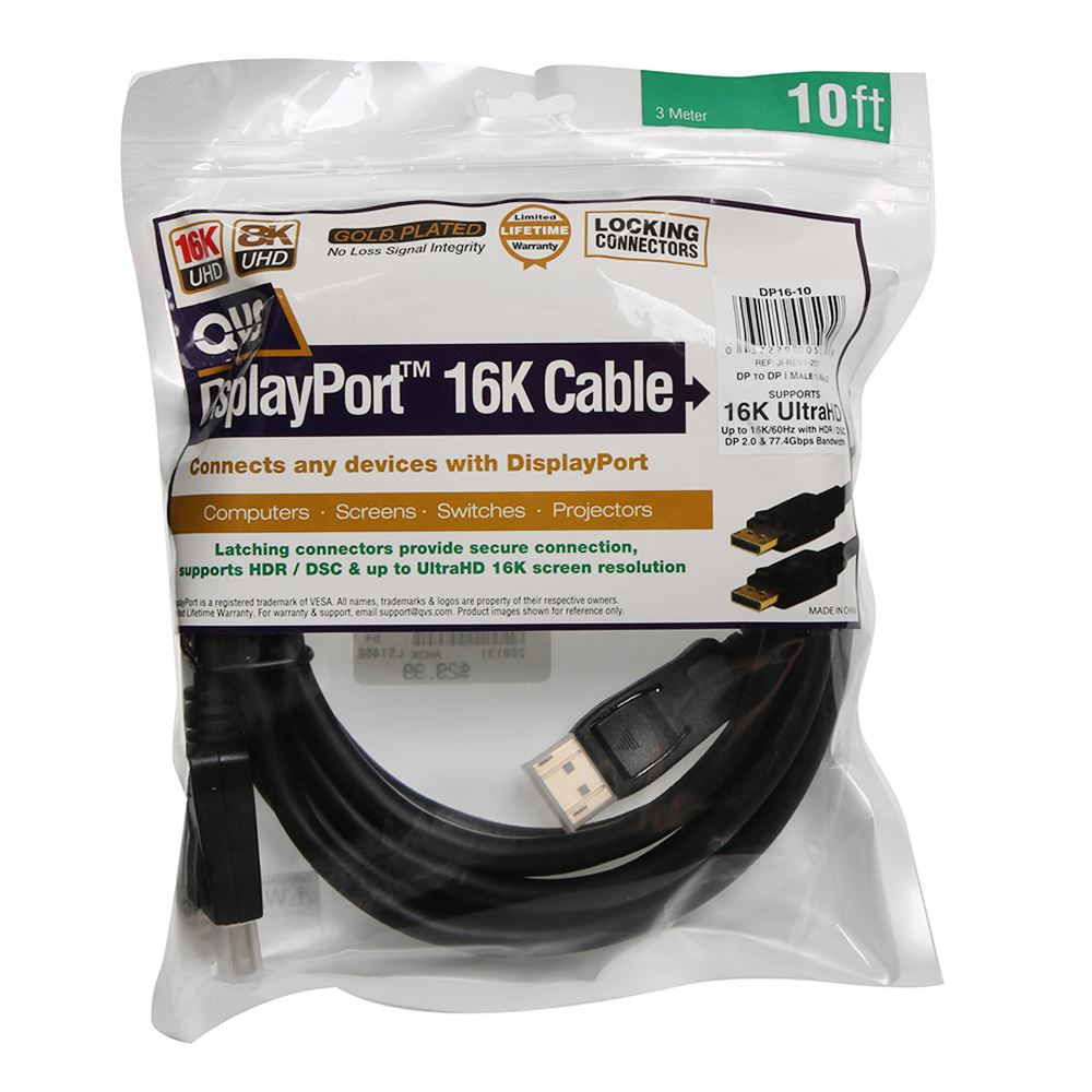 QVS DisplayPort 2.0 UltraHD 16K Cable with Latches 10 ft - Black - Micro Center