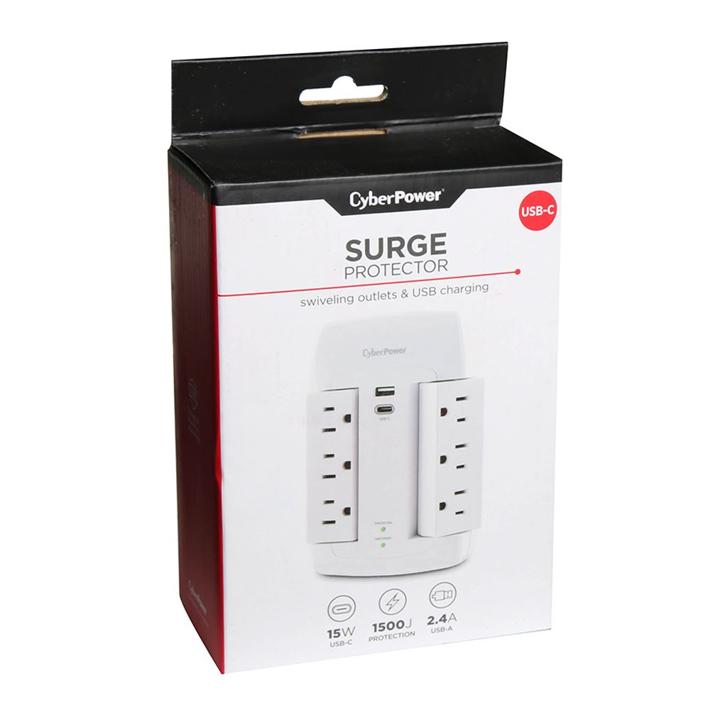 CyberPower Systems 6-Outlet Swivel Wall Tap; 1 x USB Type-C and USB ...
