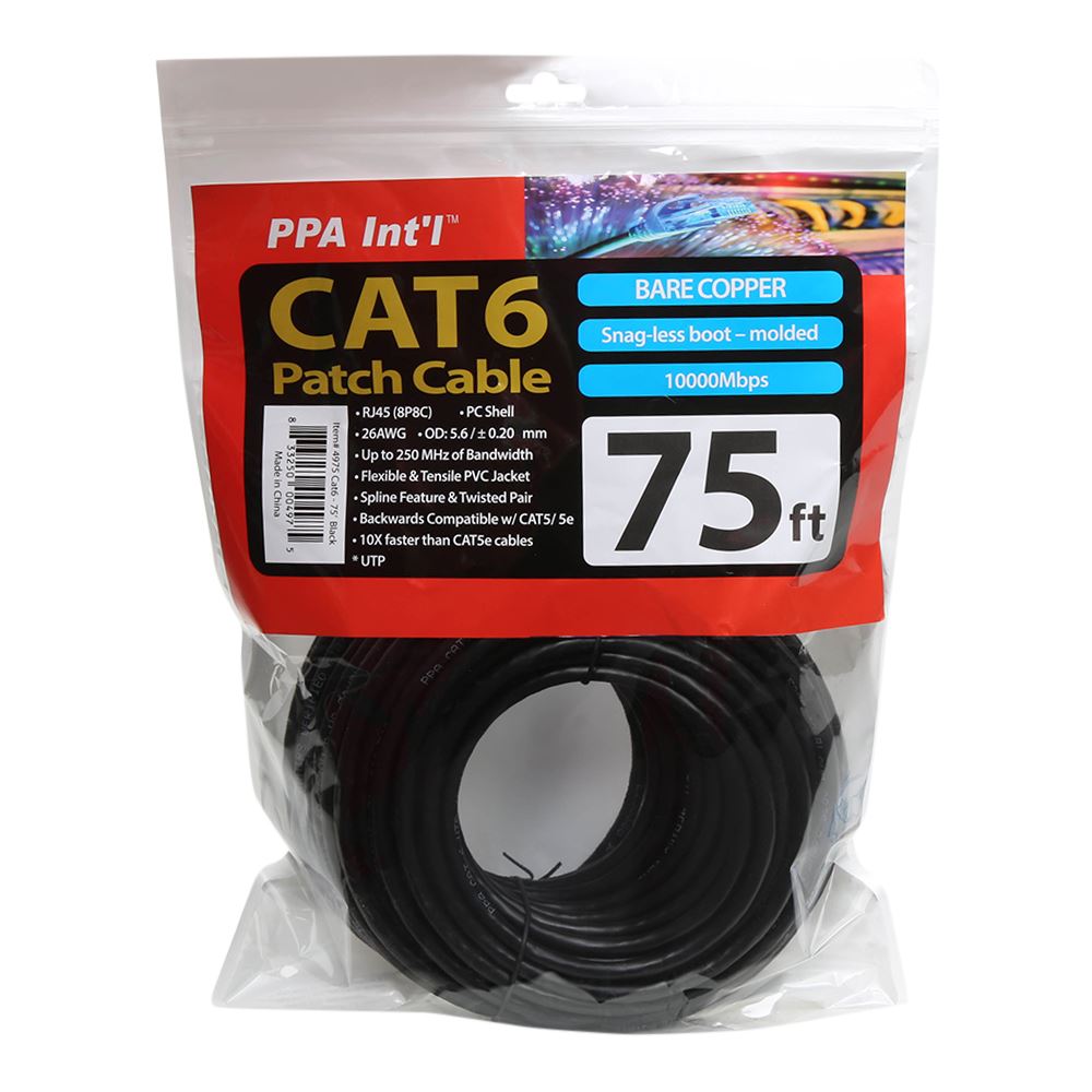 PPA 75 ft. CAT 6 Snagless Ethernet Cable - Black - Micro Center