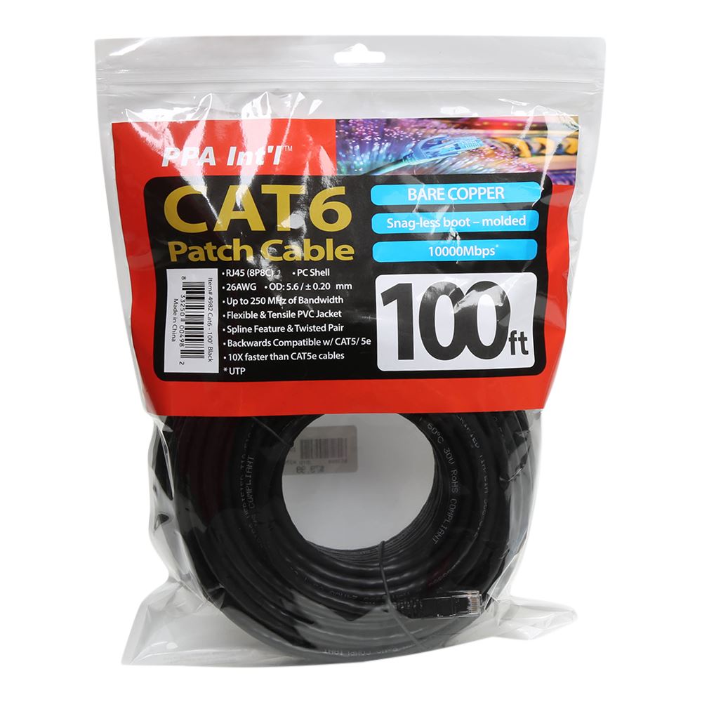 PPA 100 Ft. CAT 6 Stranded Snagless Ethernet Cable - Black - Micro Center