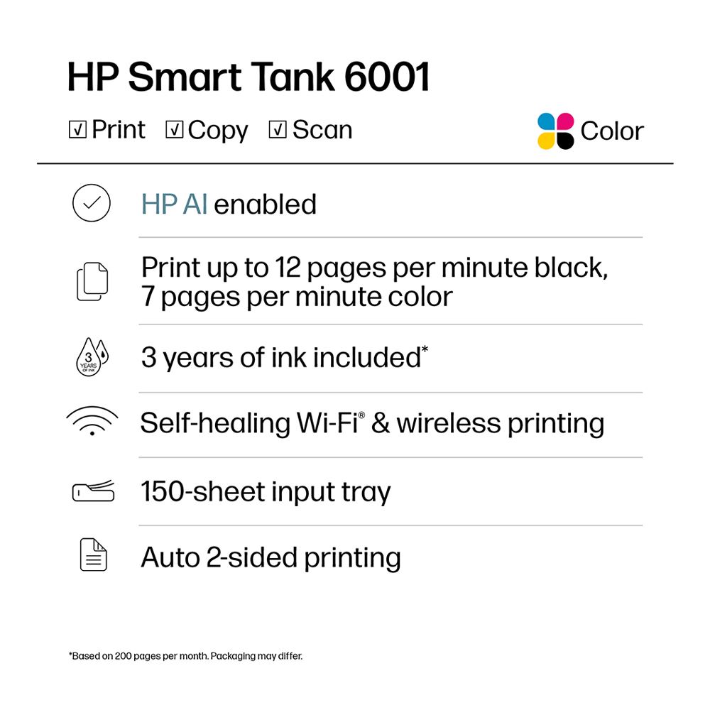 HP Smart Tank 6001 Wireless All-in-One Ink Tank Printer; with up to 2 ...