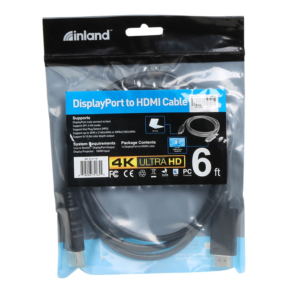 Inland DisplayPort 1.2 Male to HDMI 2.0 Cable Male - 6ft - Micro Center