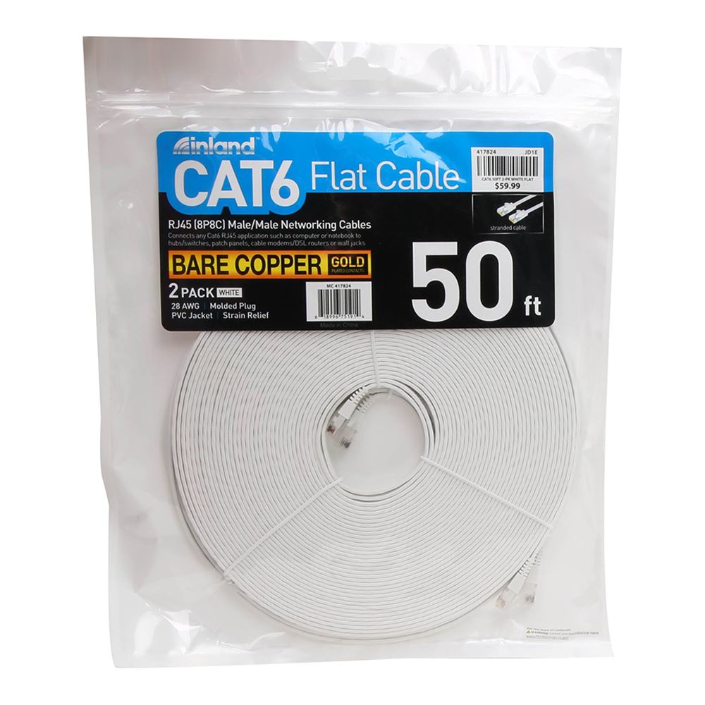 Inland 50 Ft. CAT 6 Flat Ethernet Cables 2-Pack - White - Micro Center