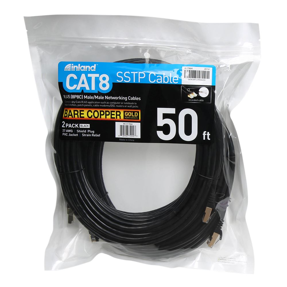 Inland 50 Ft. CAT8 Shielded Connectors Ethernet Cables 2-Pack - Black ...