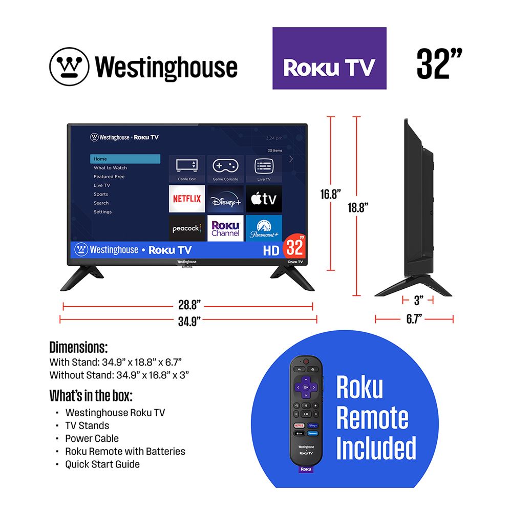 Westinghouse WR32HX2210 32" Class (31.5" Diag.) HD Smart LED TV; Roku Built In; Voice Control ...