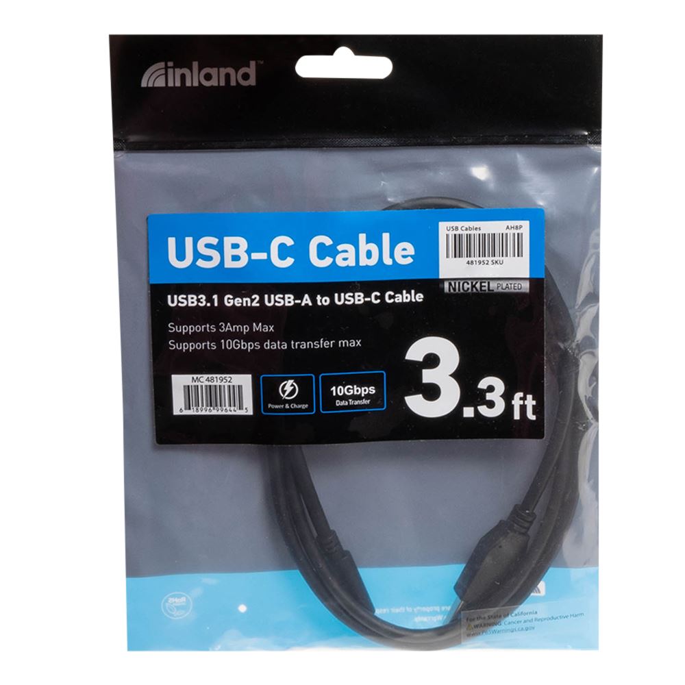 Inland USB 3.1 (Gen 2 Type-A) Male to USB 3.1 (Gen 2 Type-C) Male Cable ...