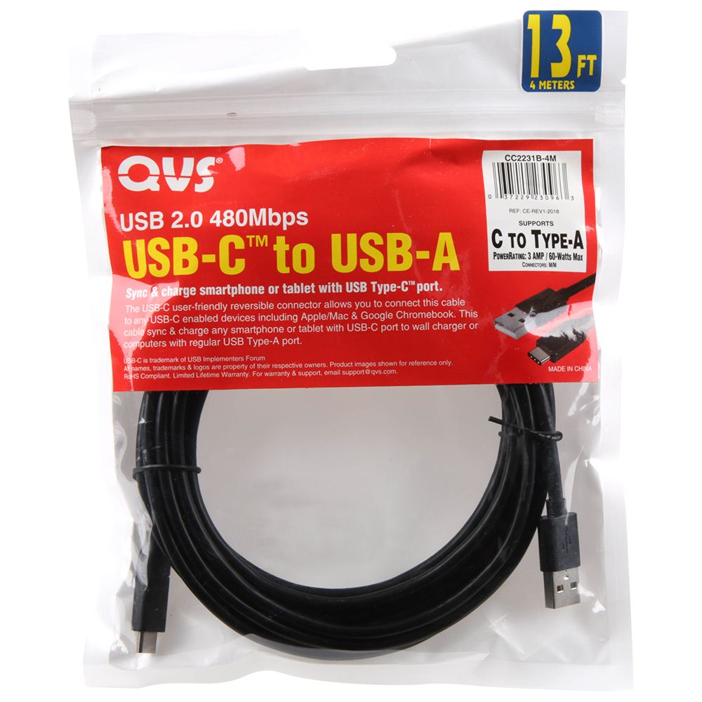 QVS USB 2.0 (Type-C) Male to USB 2.0 (Type-A) Male 13 ft. Sync/Charge ...