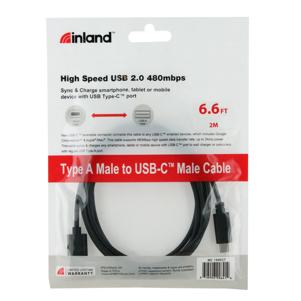 Inland USB 2.0 (Type-A) Male to USB 2.0 (Type-C) Male Cable 6.56 ft ...