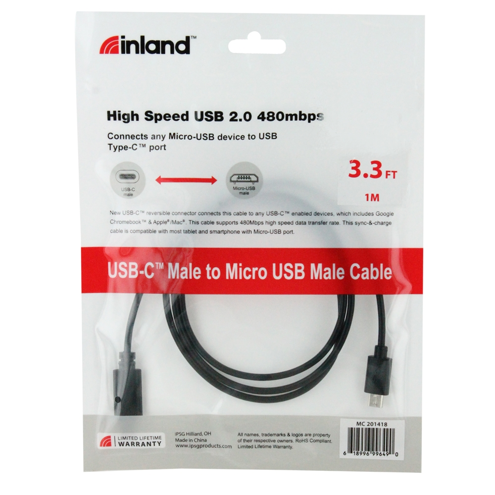 Inland USB 2.0 (Type-C) Male to Micro-USB (Type-B) Male Cable 3.28 ft ...