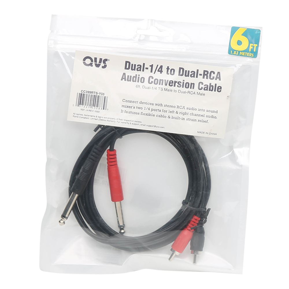 QVS 6ft Dual-RCA Male to Dual-1/4 TS Male Stereo Audio Conversion Cable ...