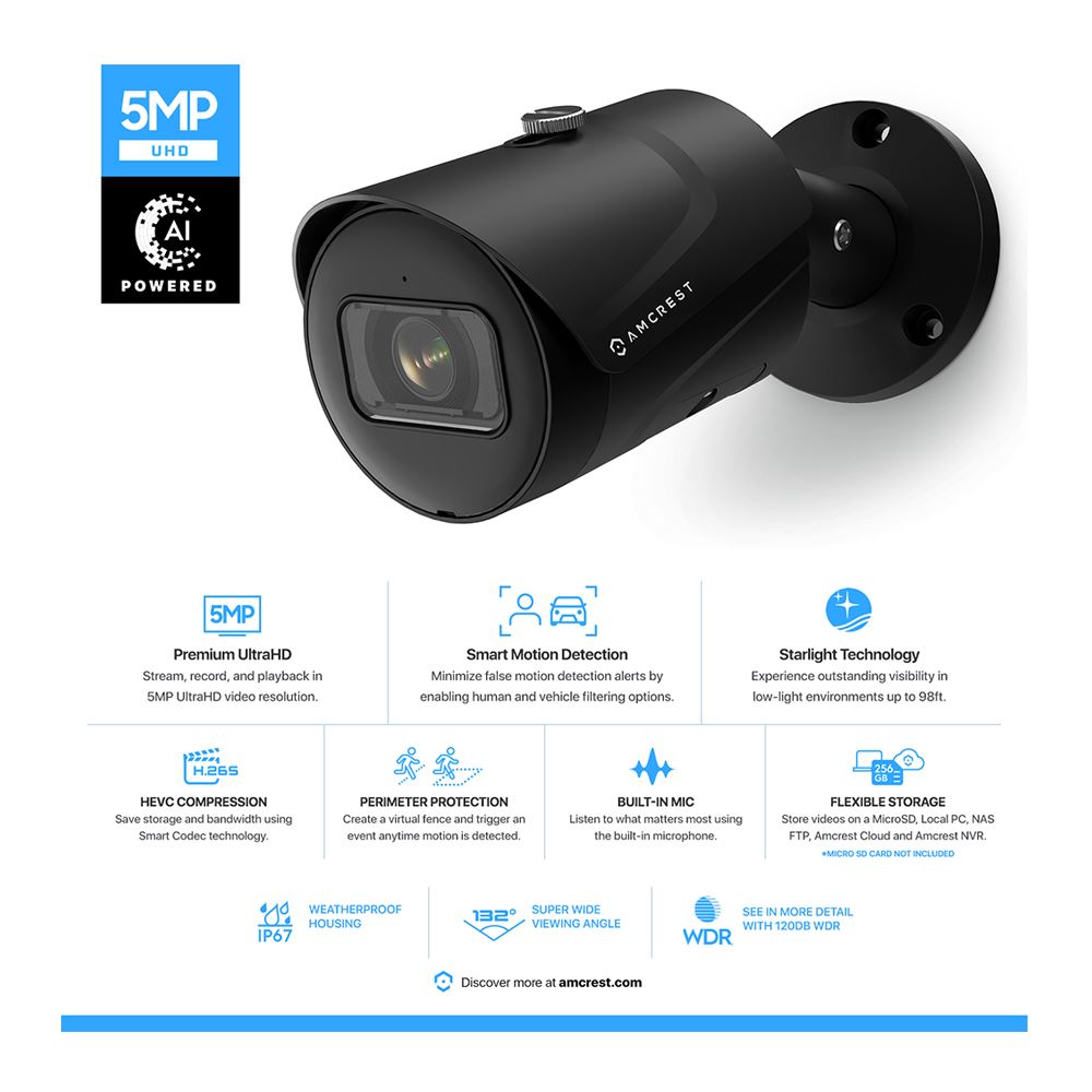 Amcrest UltraHD Bullet Security Camera; Outdoor; 5MP Resolution; 98.43 ...