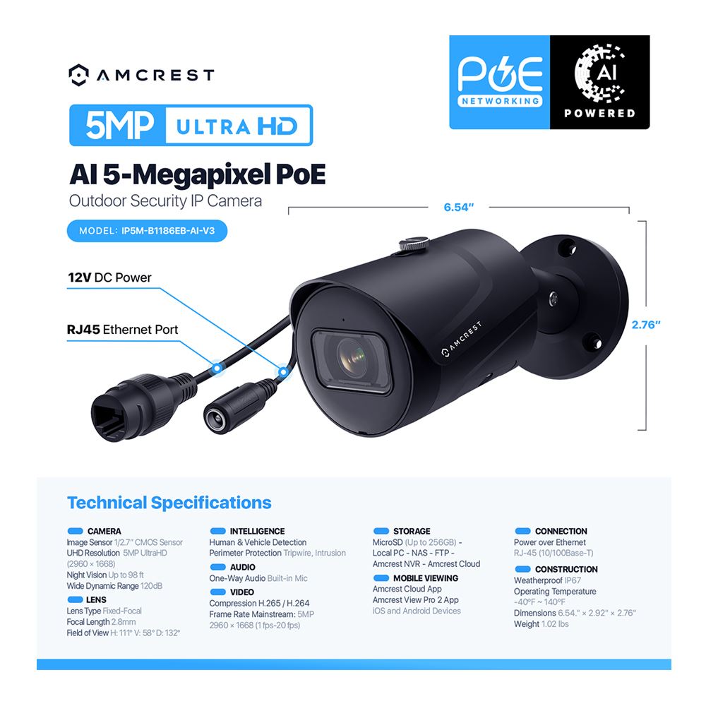 Amcrest UltraHD Bullet Security Camera; Outdoor; 5MP Resolution; 98.43 ...