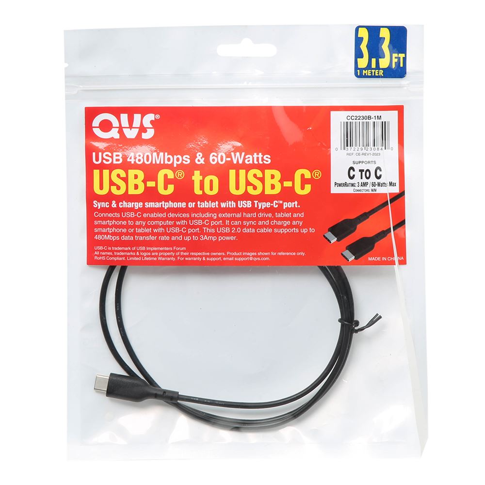 QVS USB Type-C 2.0 Sync & Charger Cable (Black) - 1 Meter - Micro Center