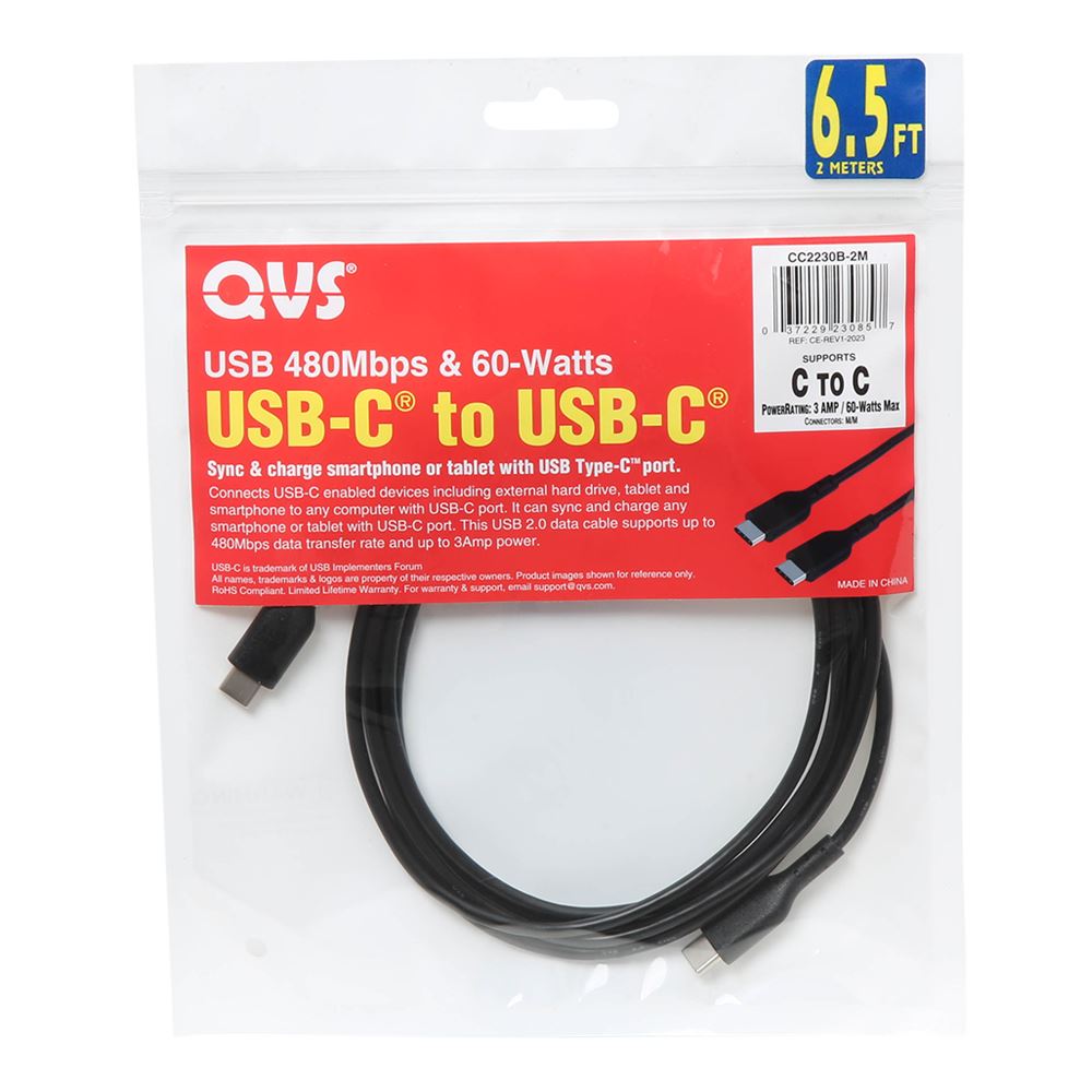 QVS USB Type-C 2.0 Sync & Charger Cable (Black) - 2 Meter - Micro Center