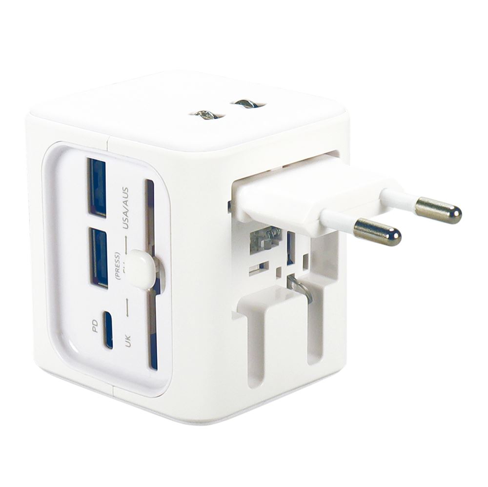 QVS World Travel Power Adaptor with USB Type-C & Dual-USB Charger Ports ...