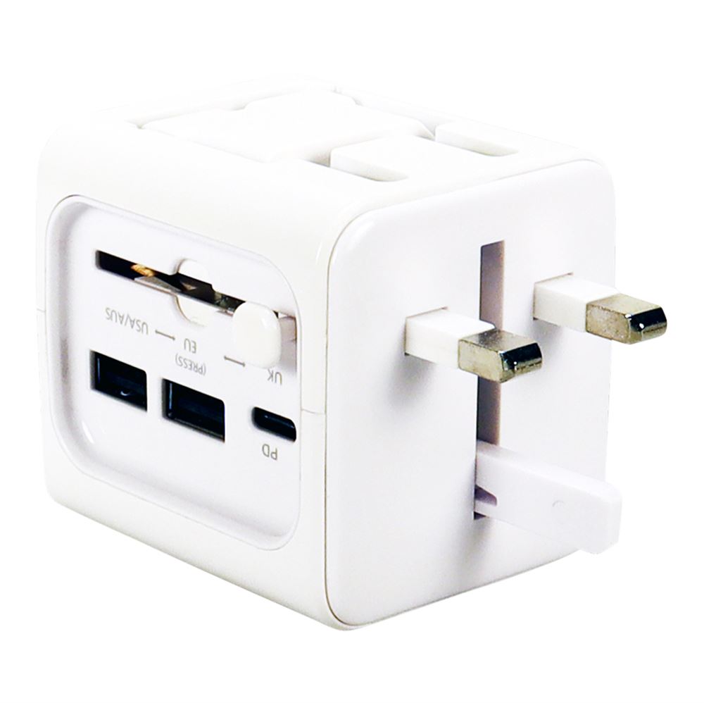 QVS World Travel Power Adaptor with USB Type-C & Dual-USB Charger Ports ...