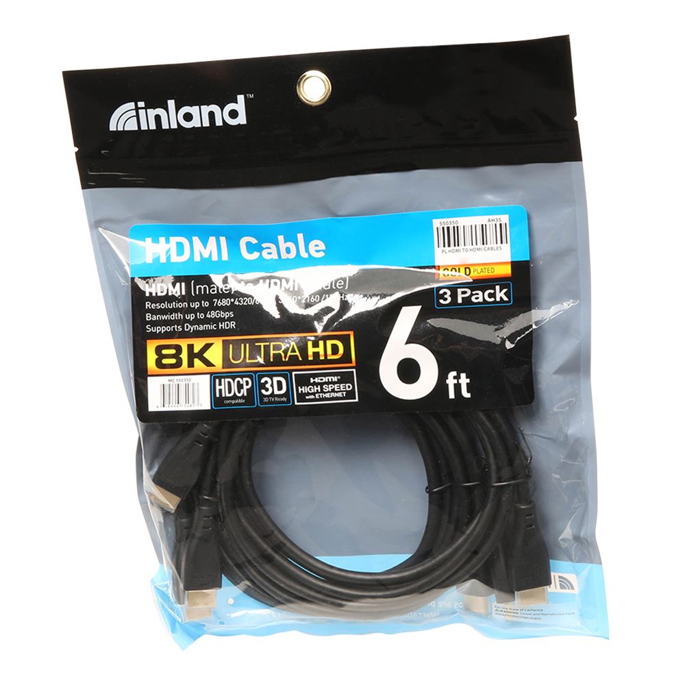 Inland HDMI 2.1 Cable (Black) - 6 ft. (3 Pack) - Micro Center