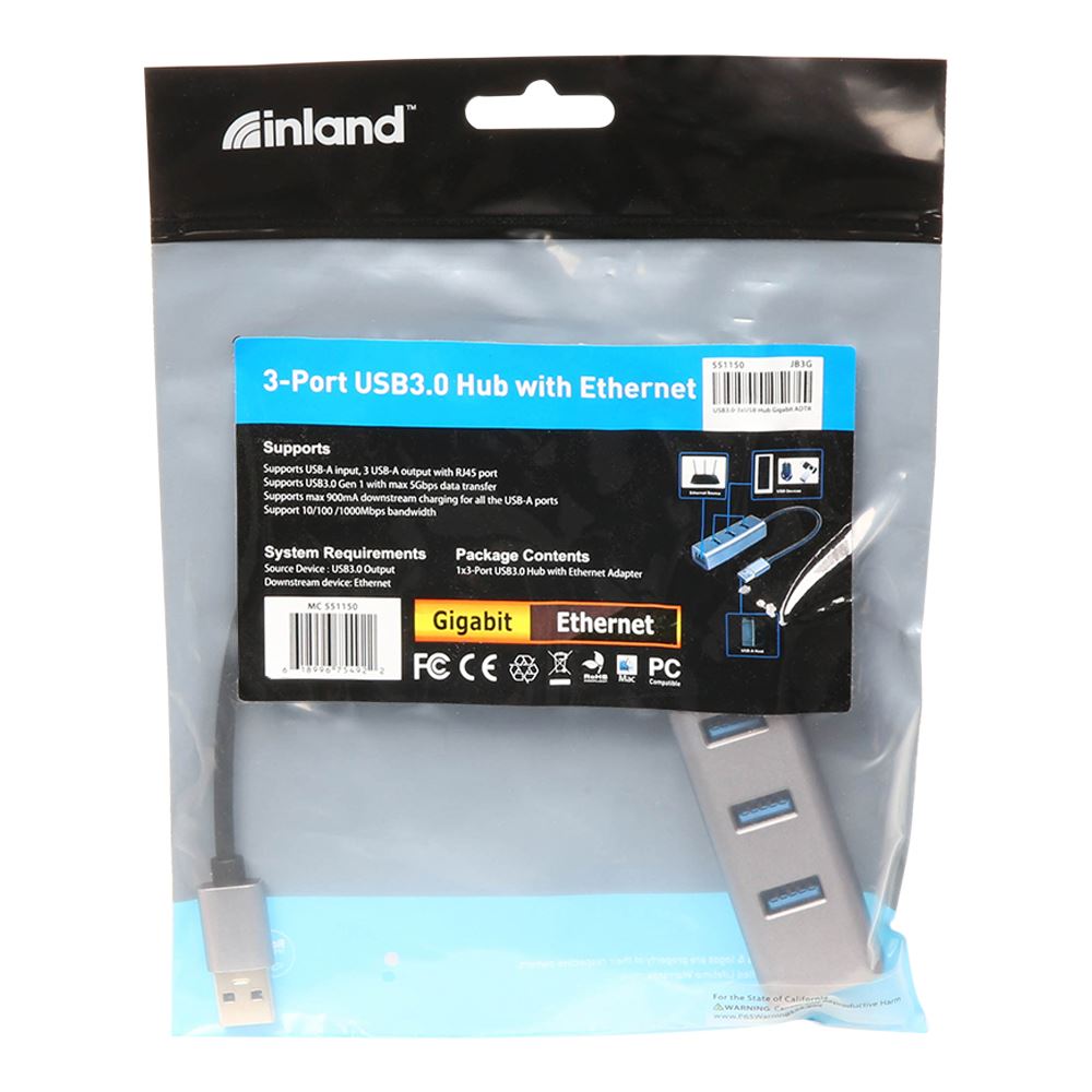 Inland USB Type-A 3.0 Gigabit Ethernet NIC Network Adapter with 3 Port ...