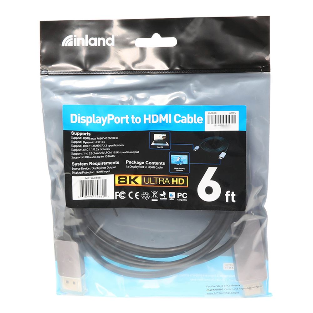 Inland DisplayPort 1.4 to HDMI 2.1 Cable - 6 ft. - Micro Center
