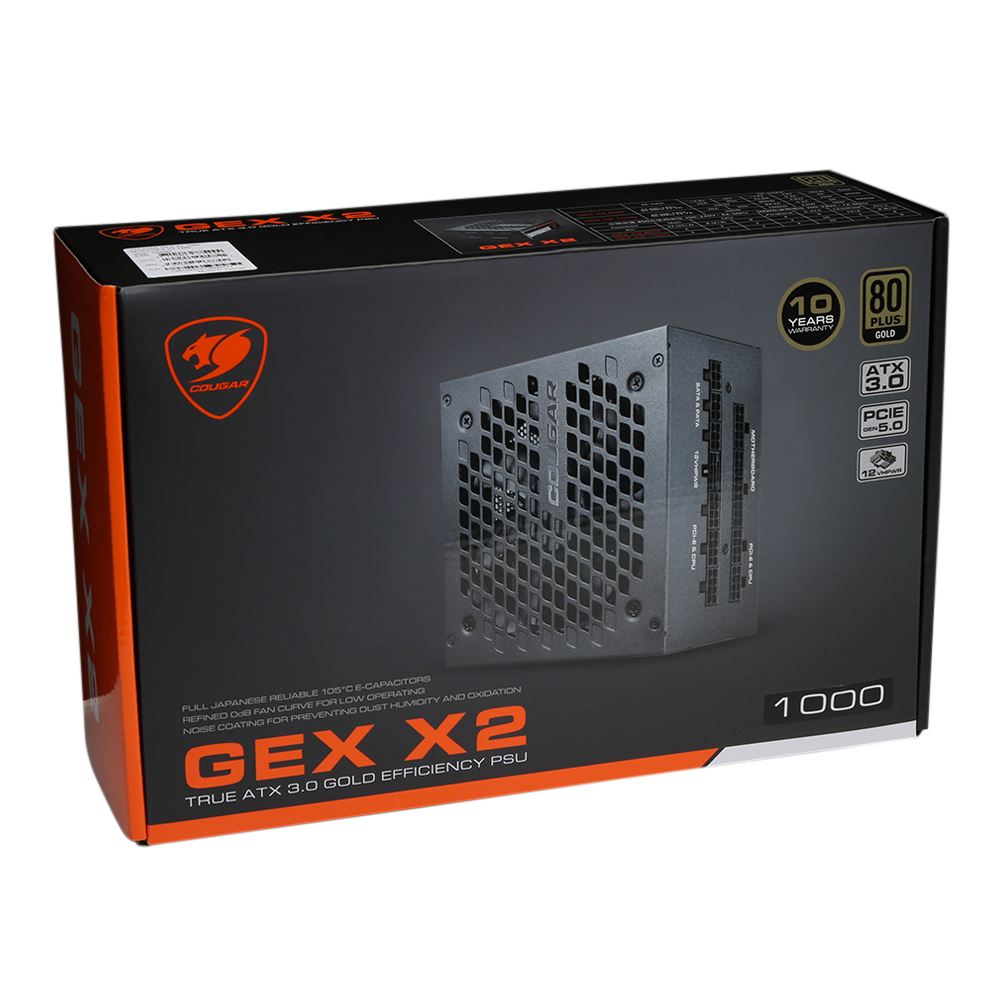 Cougar GEX X2 1000 Watt 80 Plus Gold ATX Fully Modular Power Supply - ATX 3.0 Compatible - Micro ...
