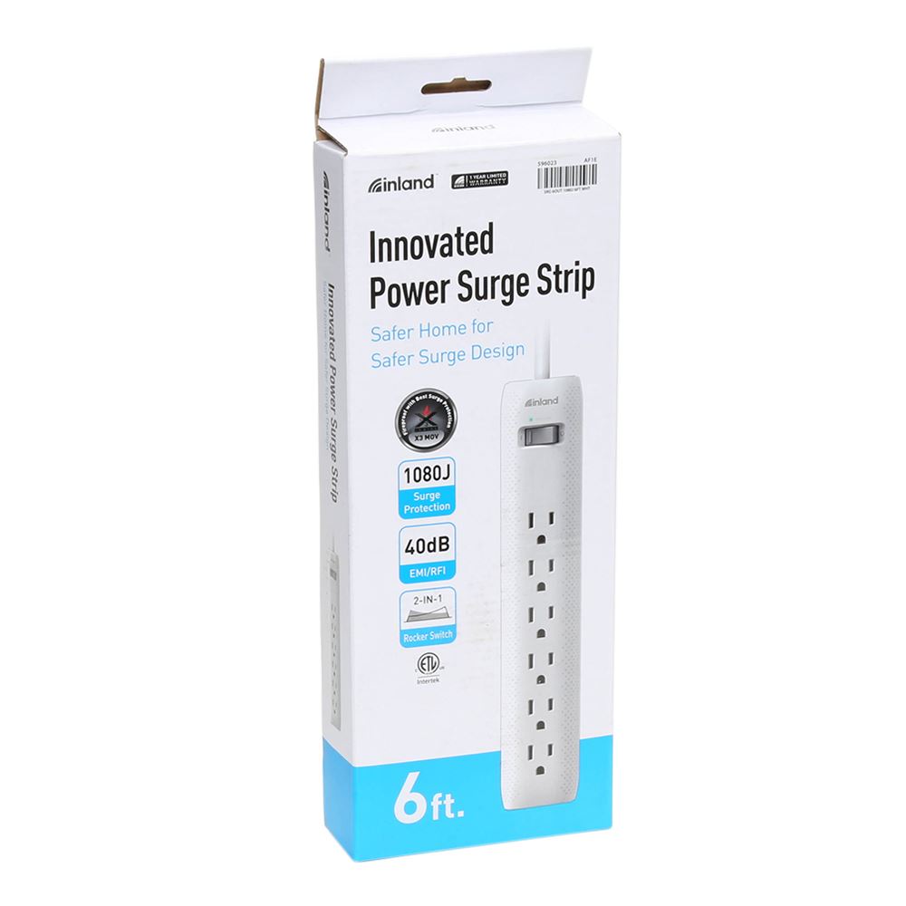 Inland Surge Protector Power Strip - White; 6 Outlets; 1080 Joules; 6 ...