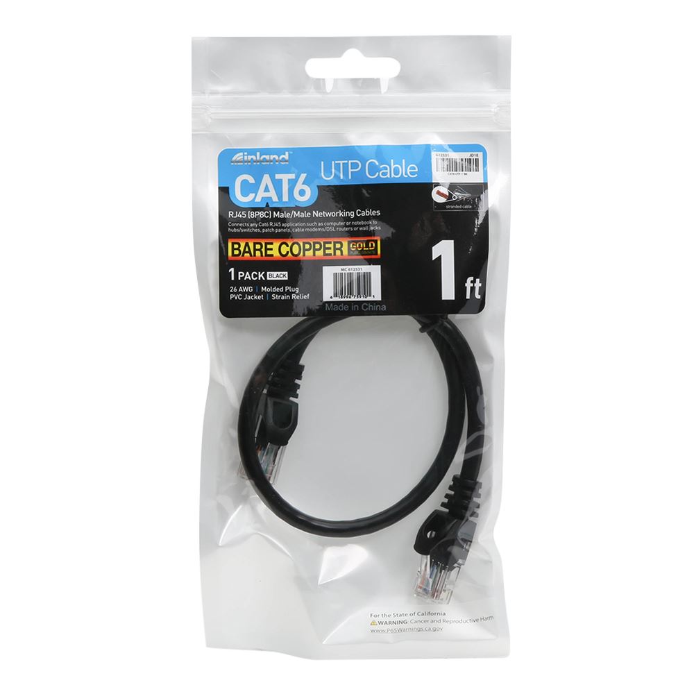 Inland 1 Ft. CAT 6 Snagless Ethernet Cable - Black - Micro Center