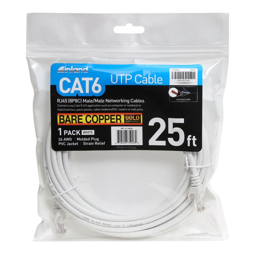 Inland 25 Ft. CAT 6 Snagless Ethernet Cable - White - Micro Center