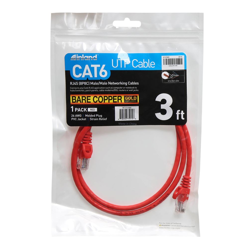 Inland 3 Ft. CAT 6 Snagless Ethernet Cable - Red - Micro Center