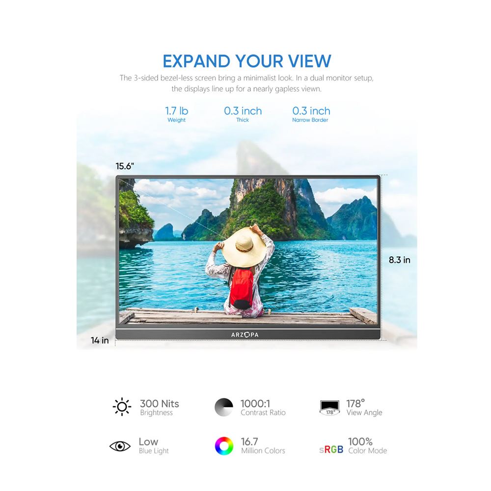 Arzopa S1 Table 15.6" FHD (1920 x 1080) 60Hz LED Monitor; HDR; miniHDMI ...