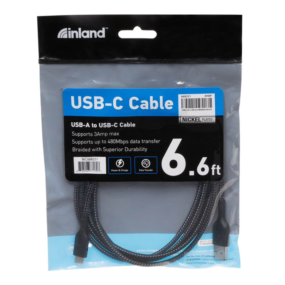 Inland USB 2.0 (Type-A) Male to USB 2.0 (Type-C) Male Braided Cable 6.6 ...