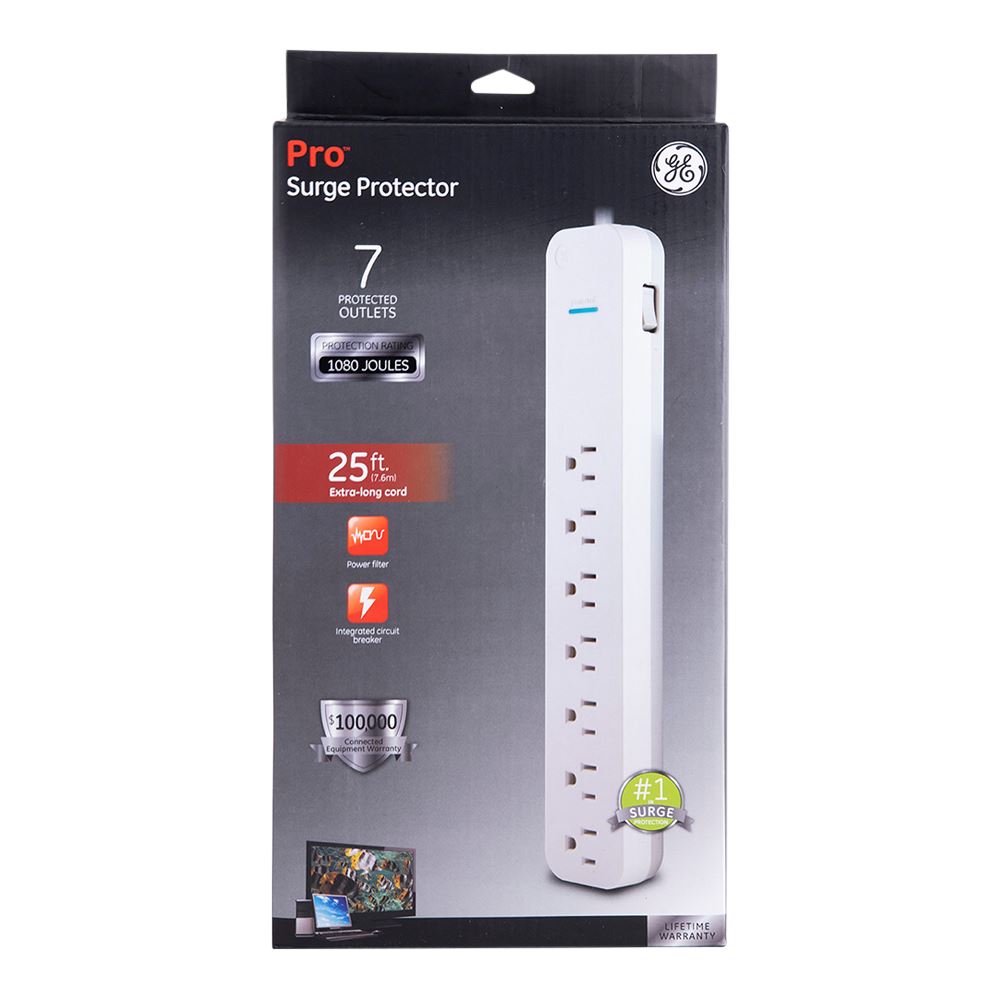 GE Pro Surge Protector - White; 7 Outlets; 1080 Joules; 25 ft. Cable ...