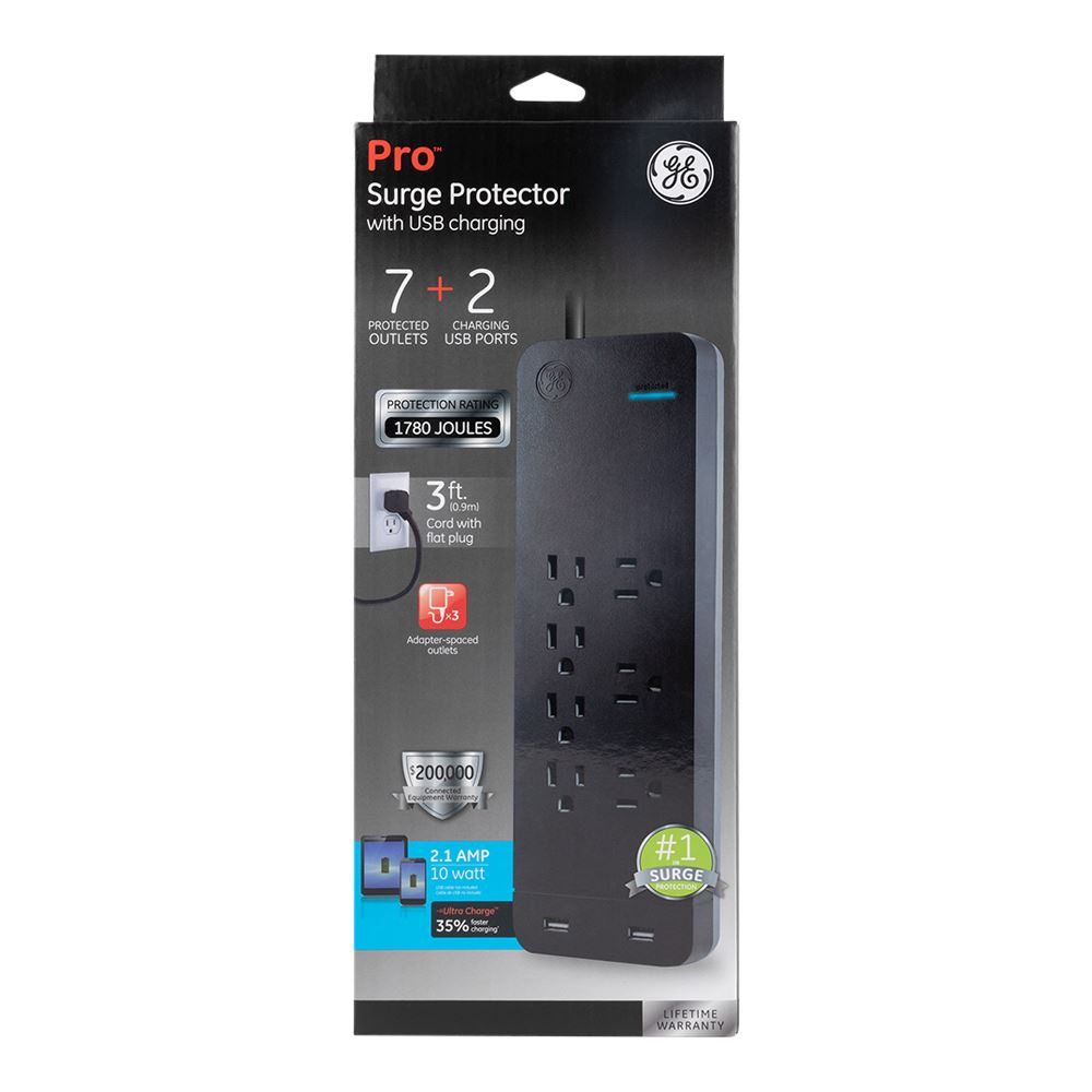 GE Pro Surge Protector - Black; 7 Outlets & 2 USB; 1780 Joules; 3 ft ...