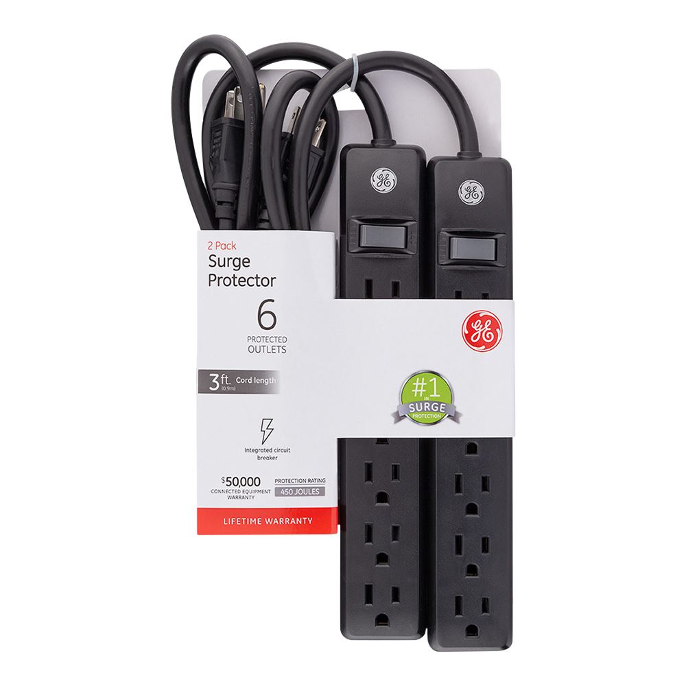 GE Surge Protector - Black (2-Pack); 6 Outlets; 450 Joules; 3 ft. Cable ...